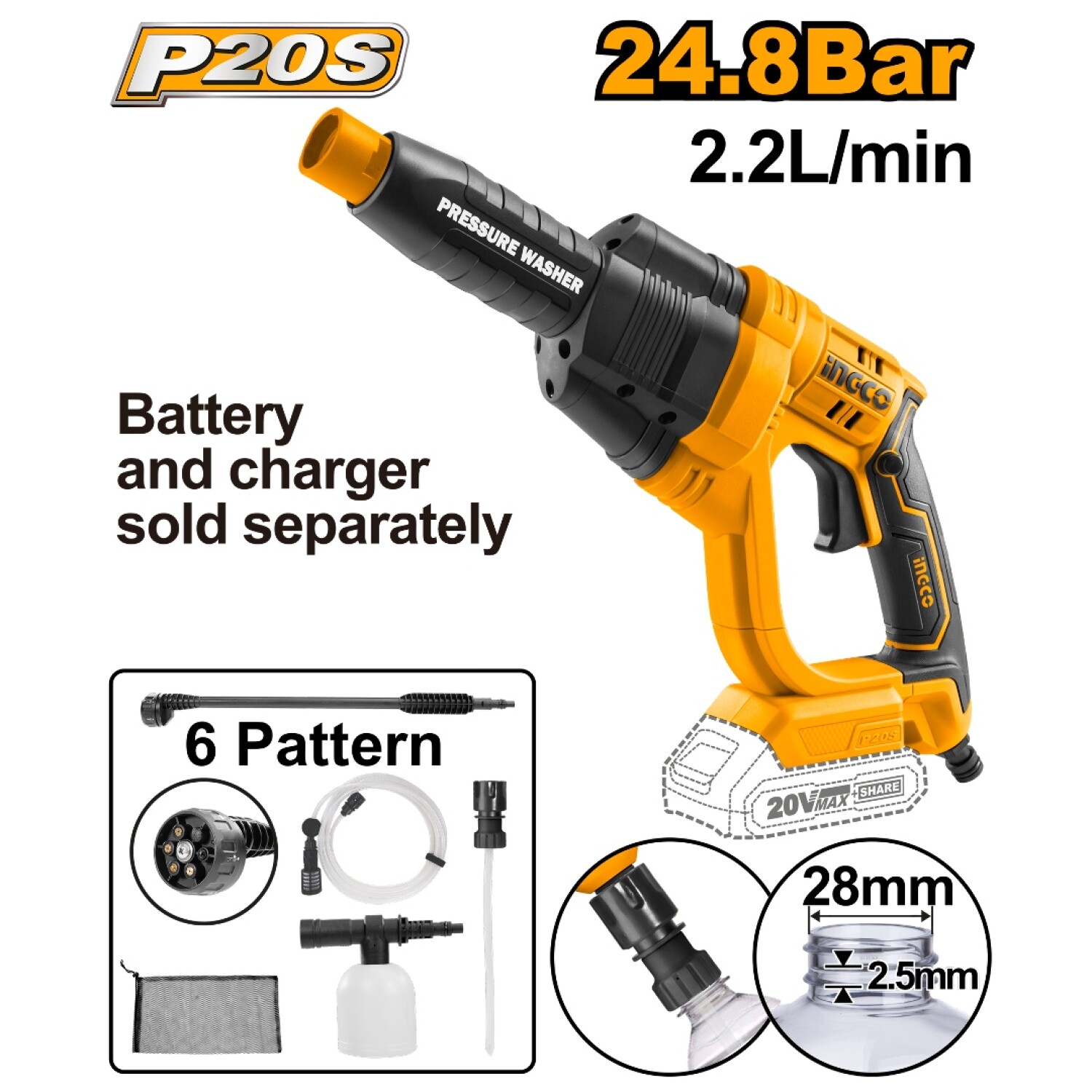 HIDROLAVADORA 20V P20S SIN BAT SIN CARGADOR CPWLI2008 INGCO - AMARILLO-NEGRO — Universo Binario