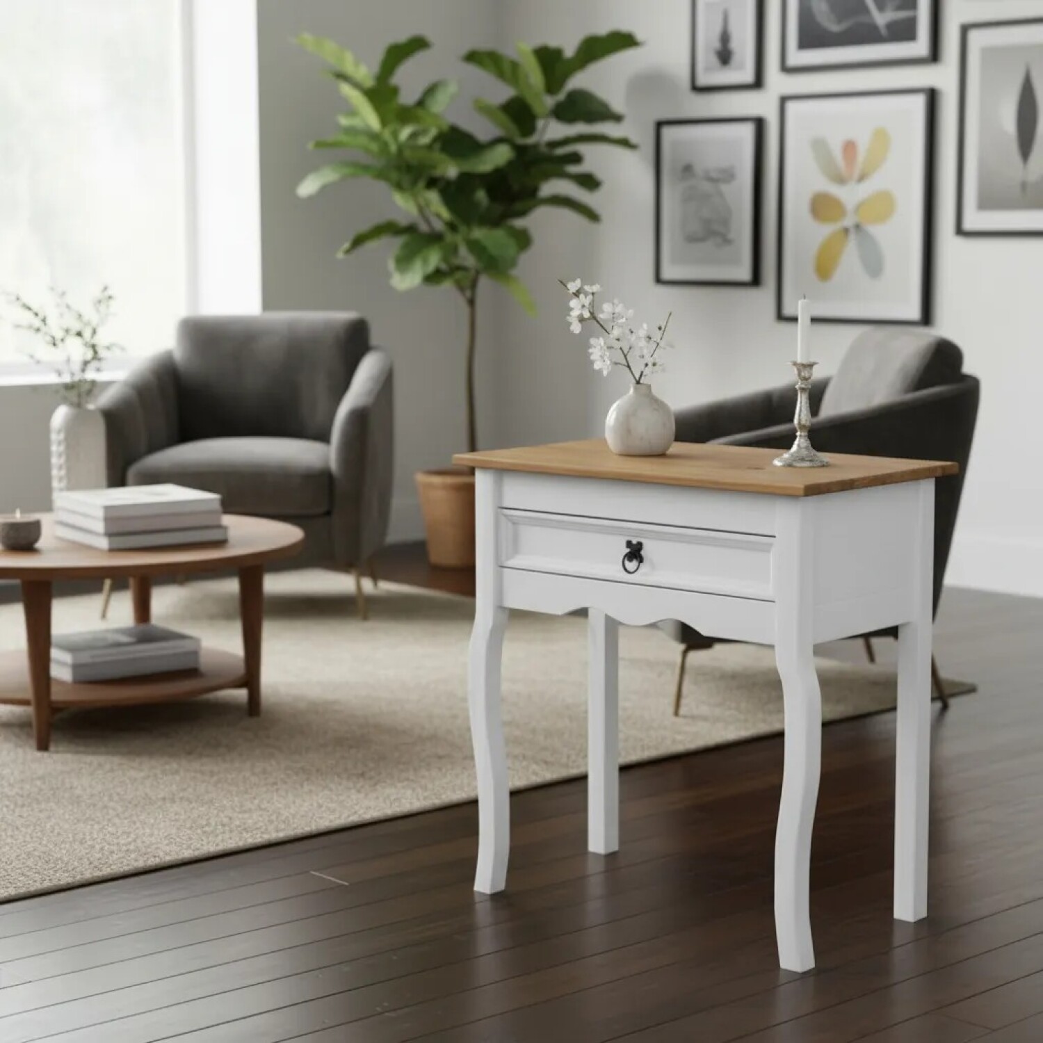 APARADOR MADERA MACIZA MESA AUXILIAR CON CAJÓN - Color blanco — Compra Más