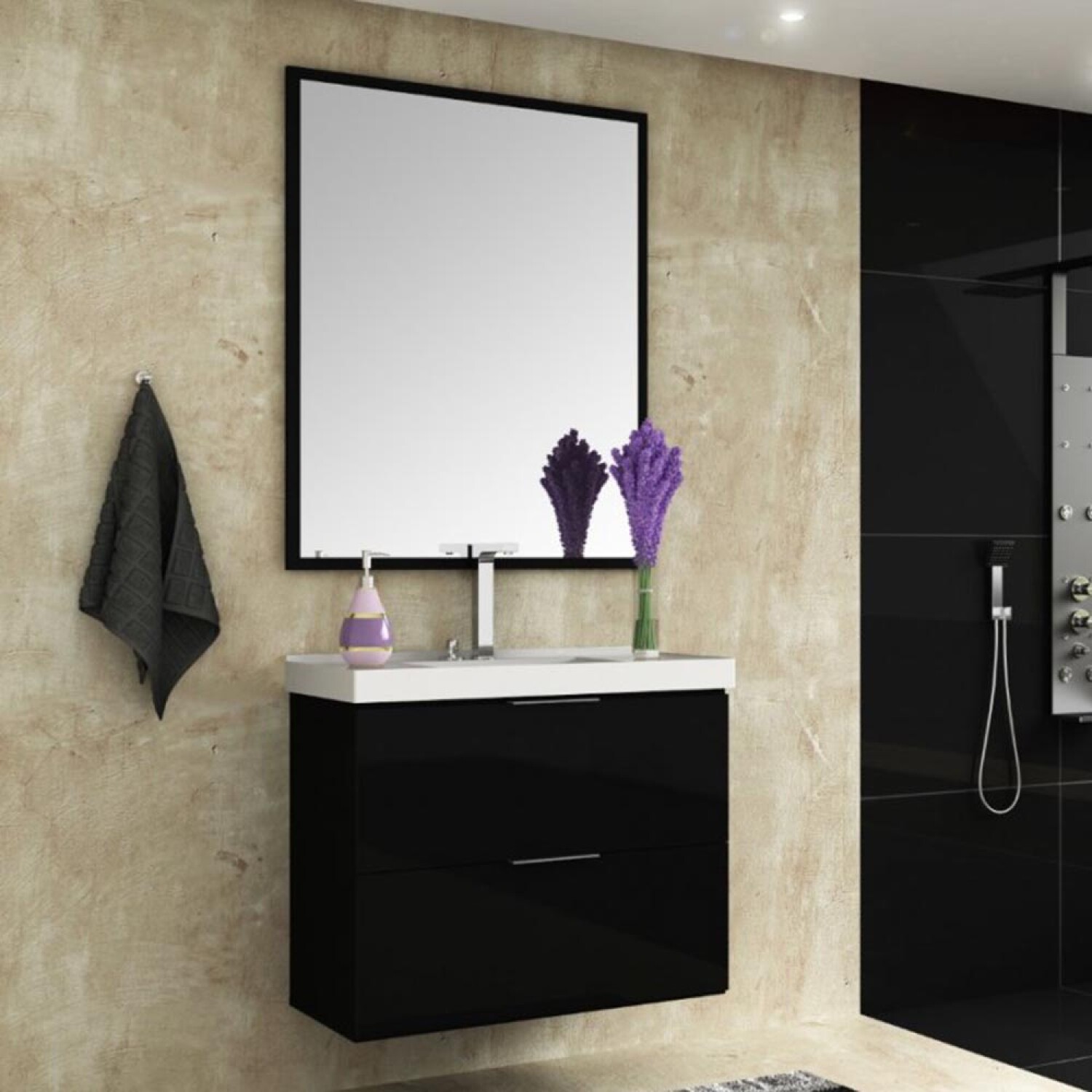 Conjunto Mueble De Baño Modelo Pietra Negro / Mueble De Colgar + Espejo ...