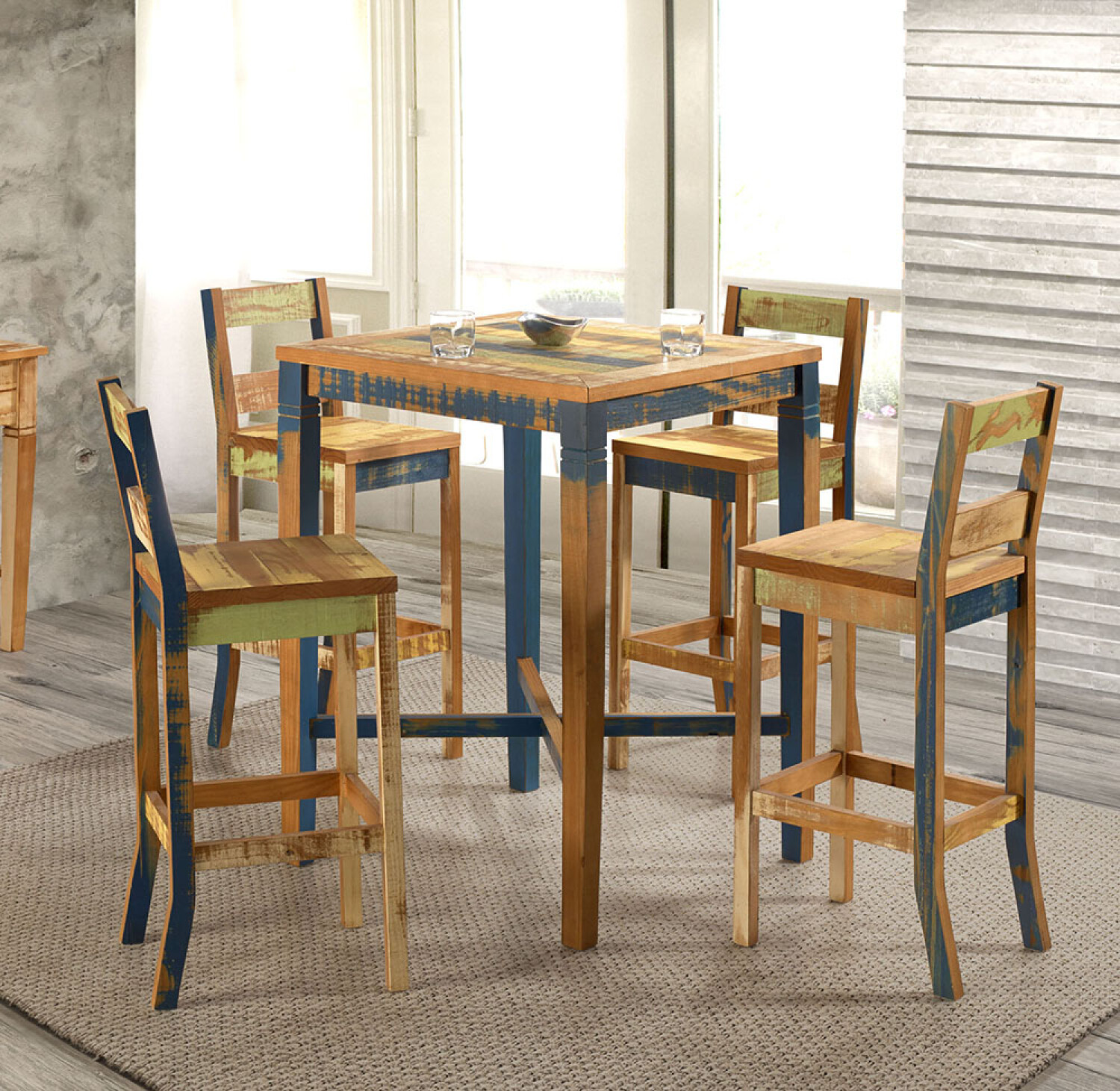 JUEGO DE COMEDOR ALTO MESA Y 4 SILLAS BUTACAS TABURETES EN MADERA ...