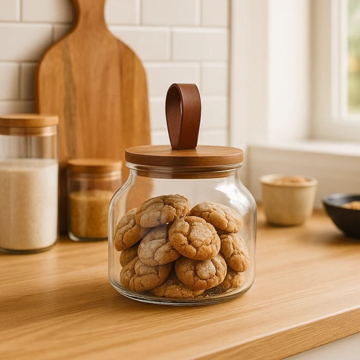 RECIPIENTE VIDRIO 3L TAPA MADERA Y CUERO — Deco Hogar