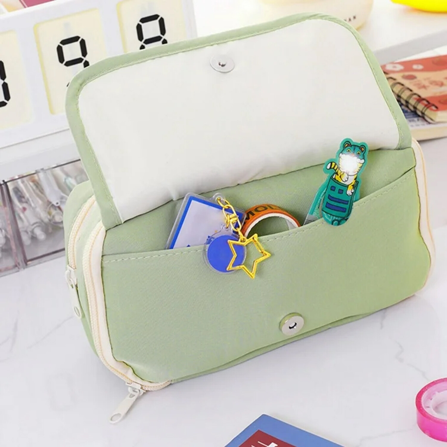 Cartuchera con divisiones y visor 12x22x9cm - Verde — Mis Petates