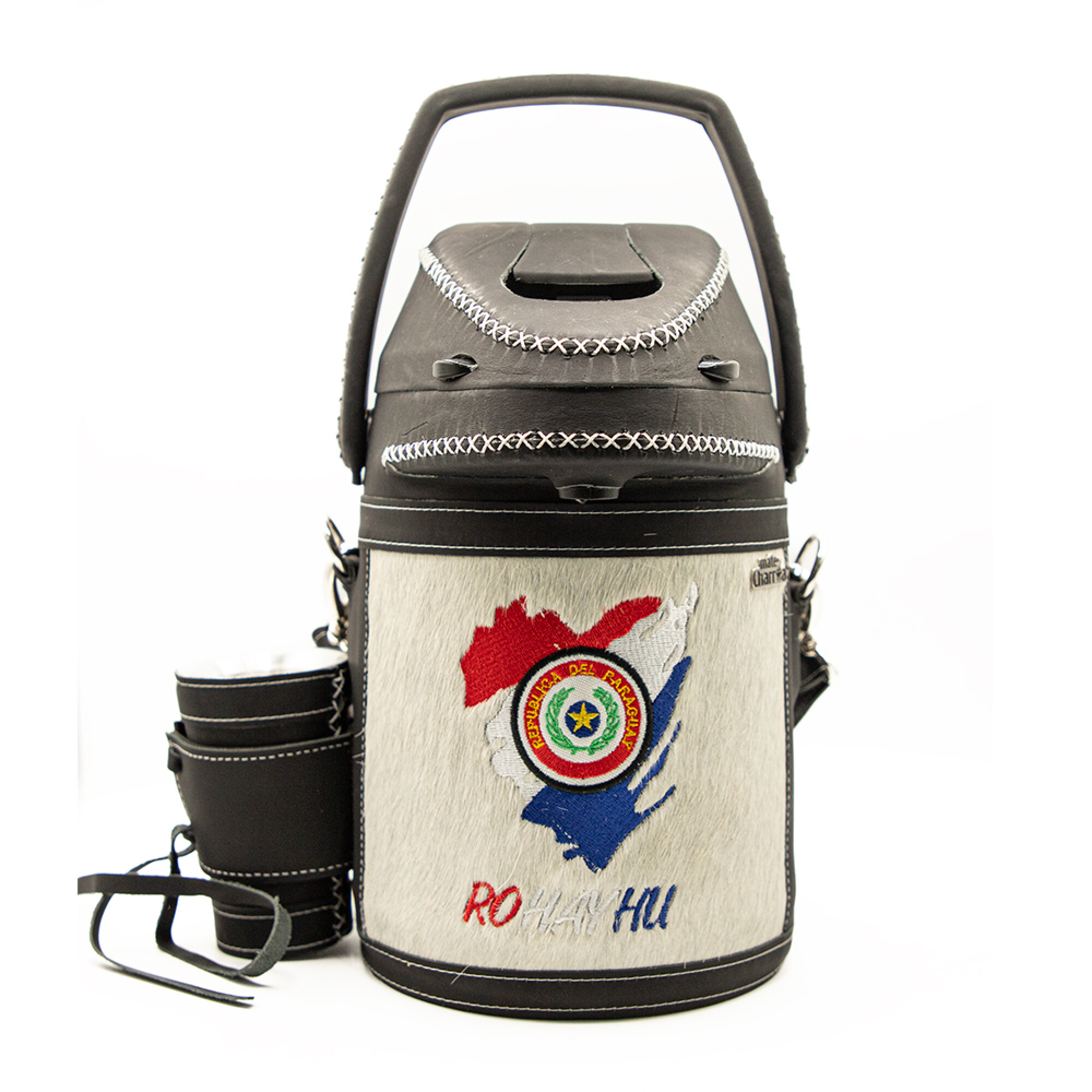 TERMO FORRADO EN CUERO CON PELO - NEGRO — Mate Charrúa