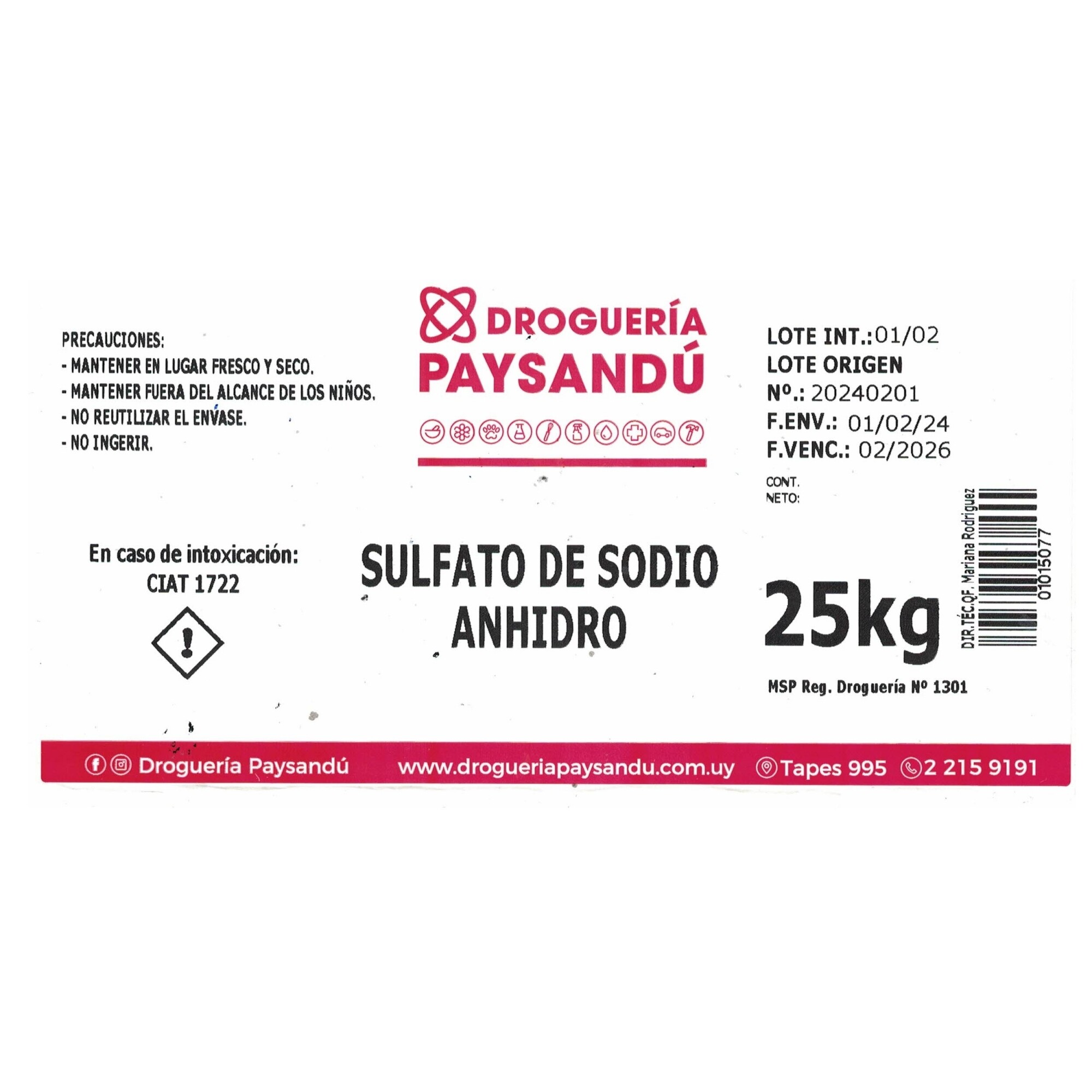Sulfato de sodio anhidro - 25 kg — Droguería Paysandú