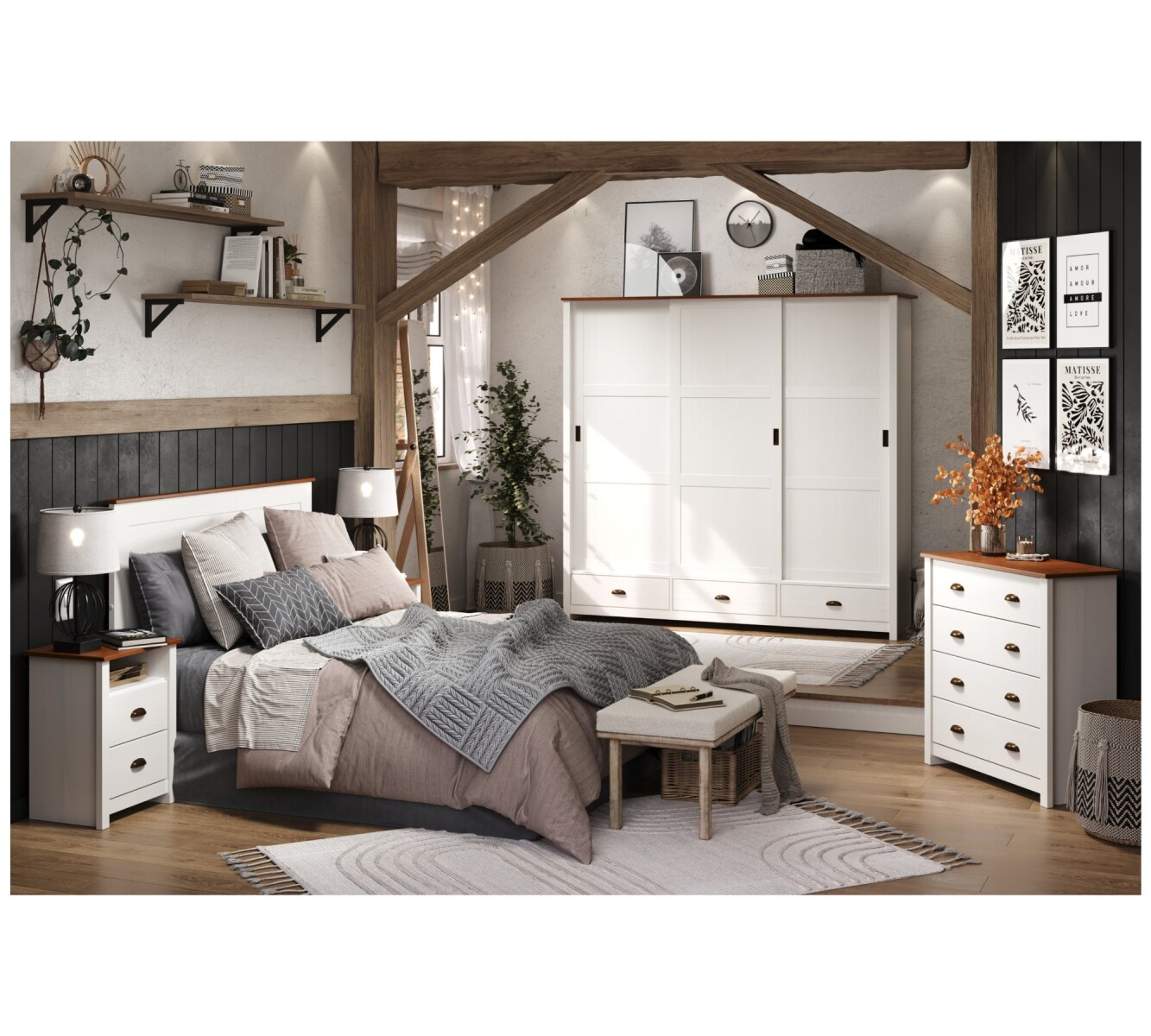 Ropero 3 puertas corredizas 3 cajones - Madera maciza - Linea Colonial - Blanco — Rustico Hogar