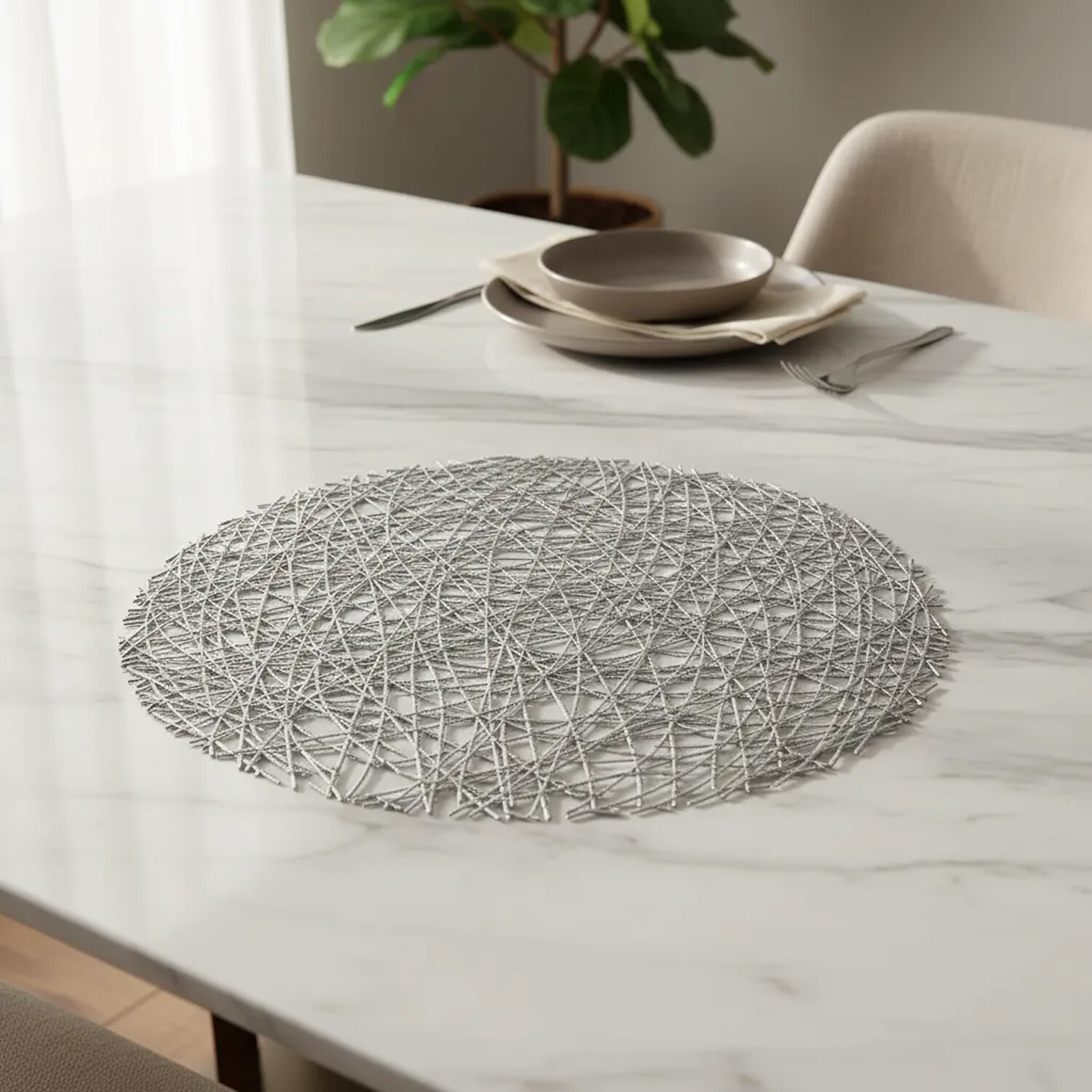 Mantel Individual Abstracto Redondo en PVC Ø38Cm Paramount - Plateado — HTS