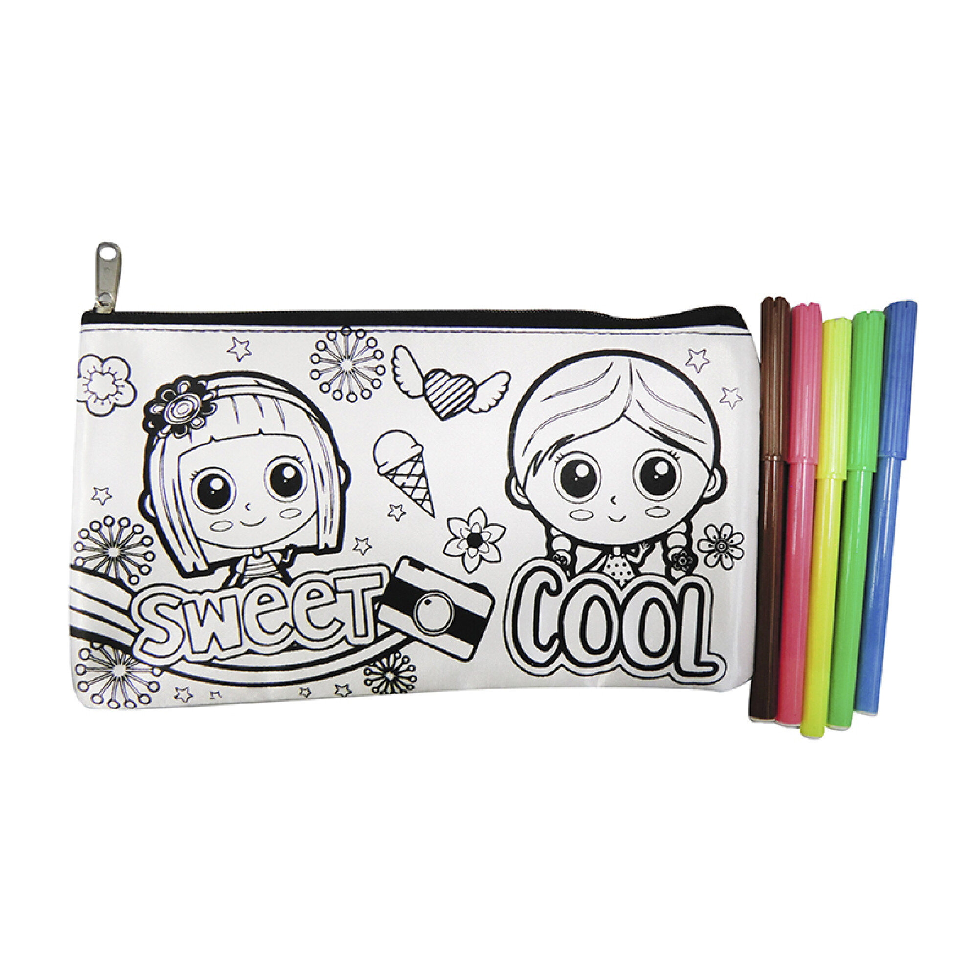 Set Escolar Cartuchera Dibujable + 5 Marcadores — Cartoons