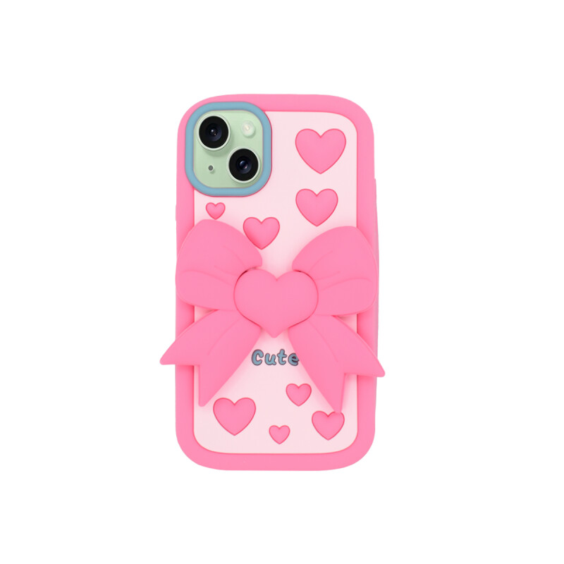 Protector para iPhone 15 diseño moña 3D color rosa — Cellular Center