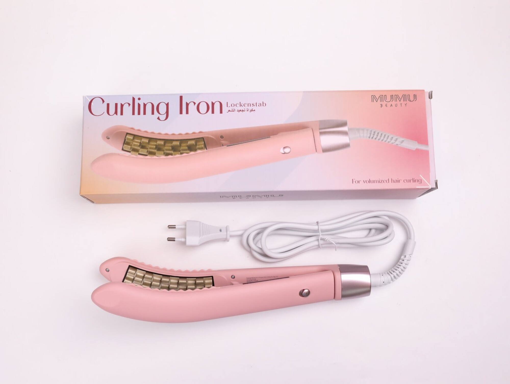 PLANCHA RIZADORA DE VOLUMEN EN ARCO COLOR ROSA Y ENCHUFE EUROPEO — MUMUSO