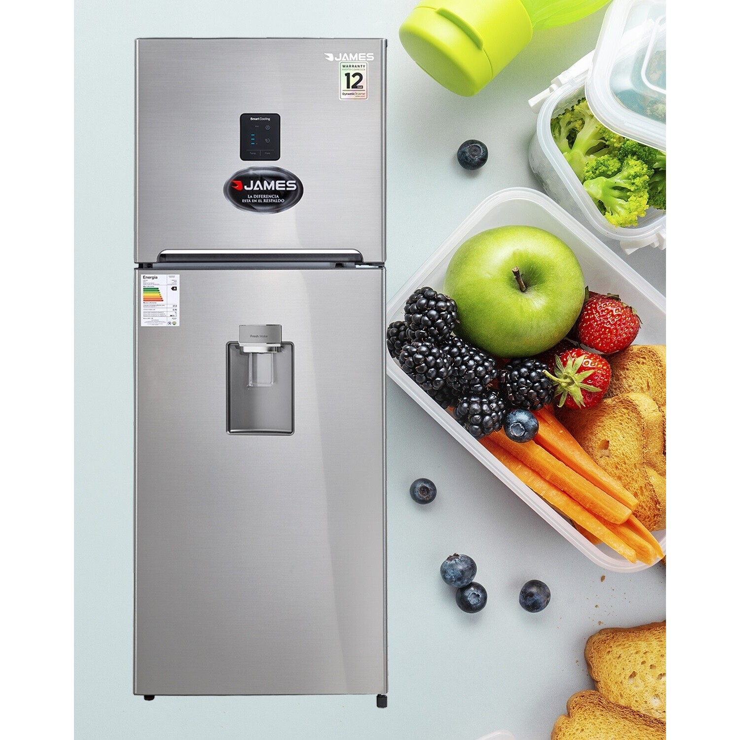 Heladera James frío seco Inverter inox con dispensador de agua 373L Garantía Oficial - Simil ...