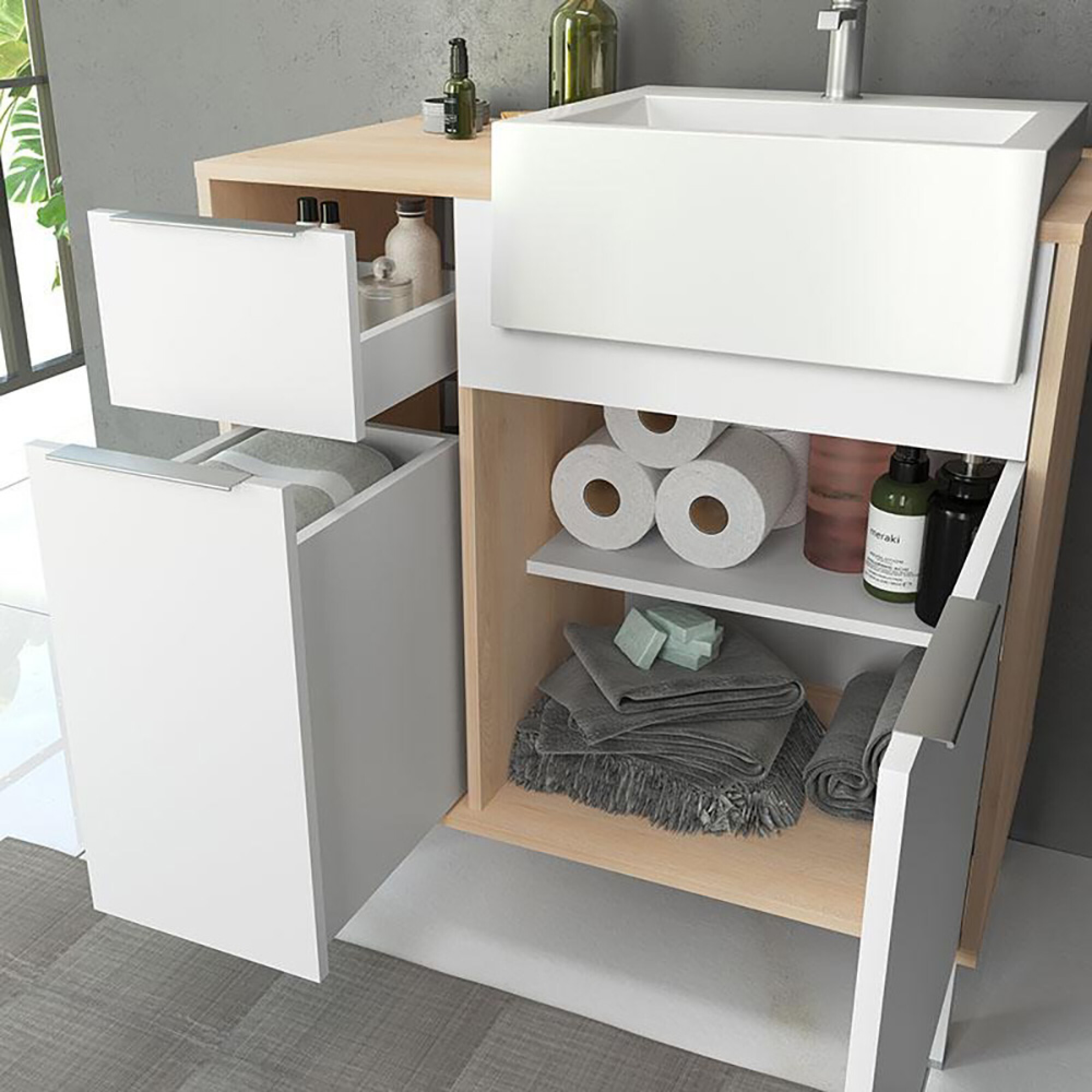 Conjunto De Baño Jazz / 80cm Con Armario Color Faia/blanco — Castro