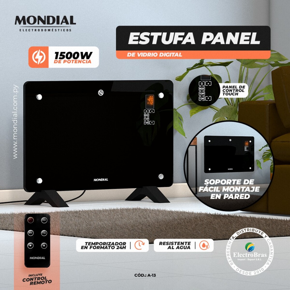 Estufa Mondial Panel Vidrio 1500W Digital — Bristol
