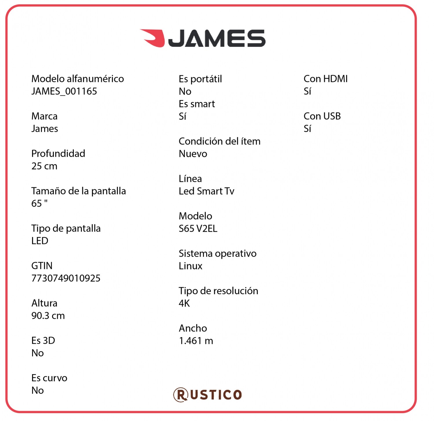 Televisor Smart Tv James Led - 65" Uhd 4k — Rustico Hogar