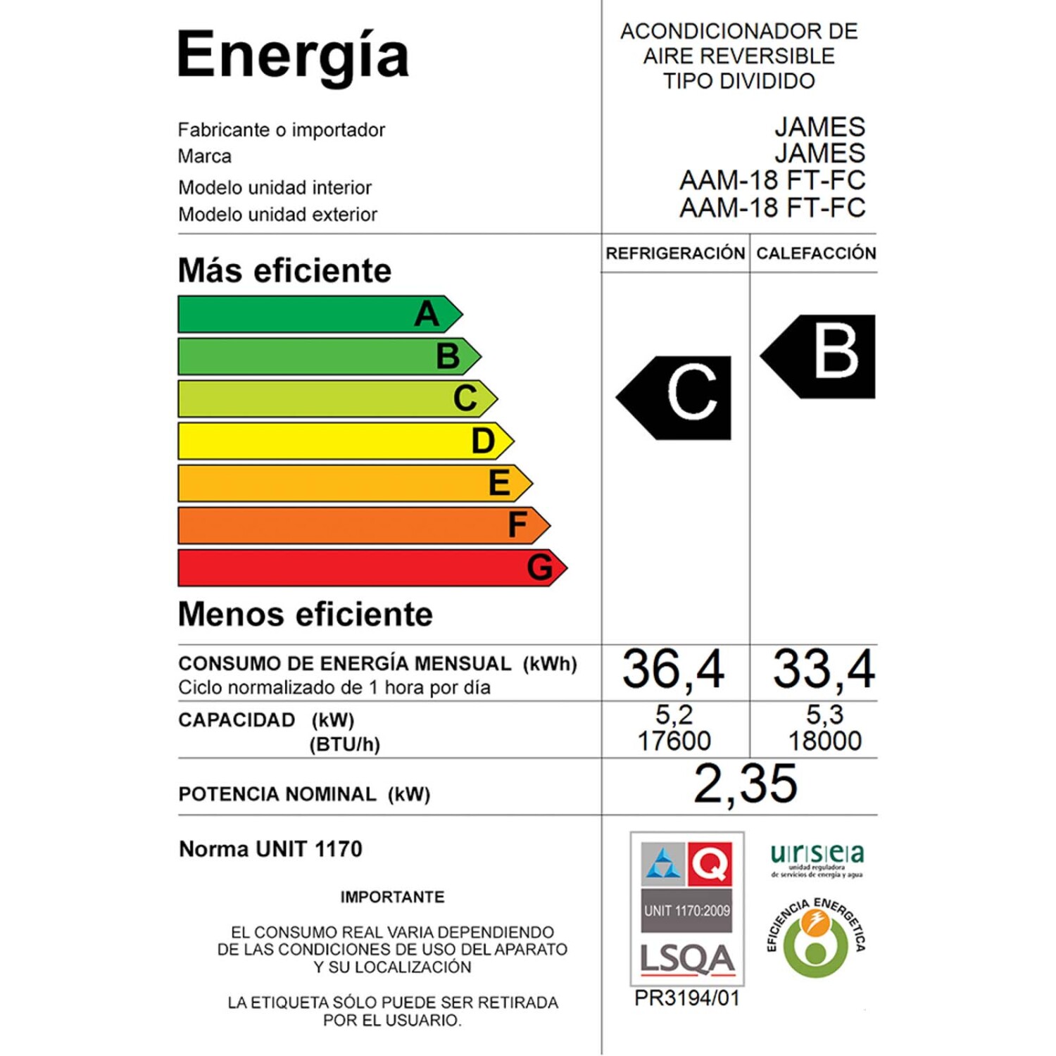 Aire Acondicionado James 18000-btu On/of Aam-18 Ft-fc — Divino