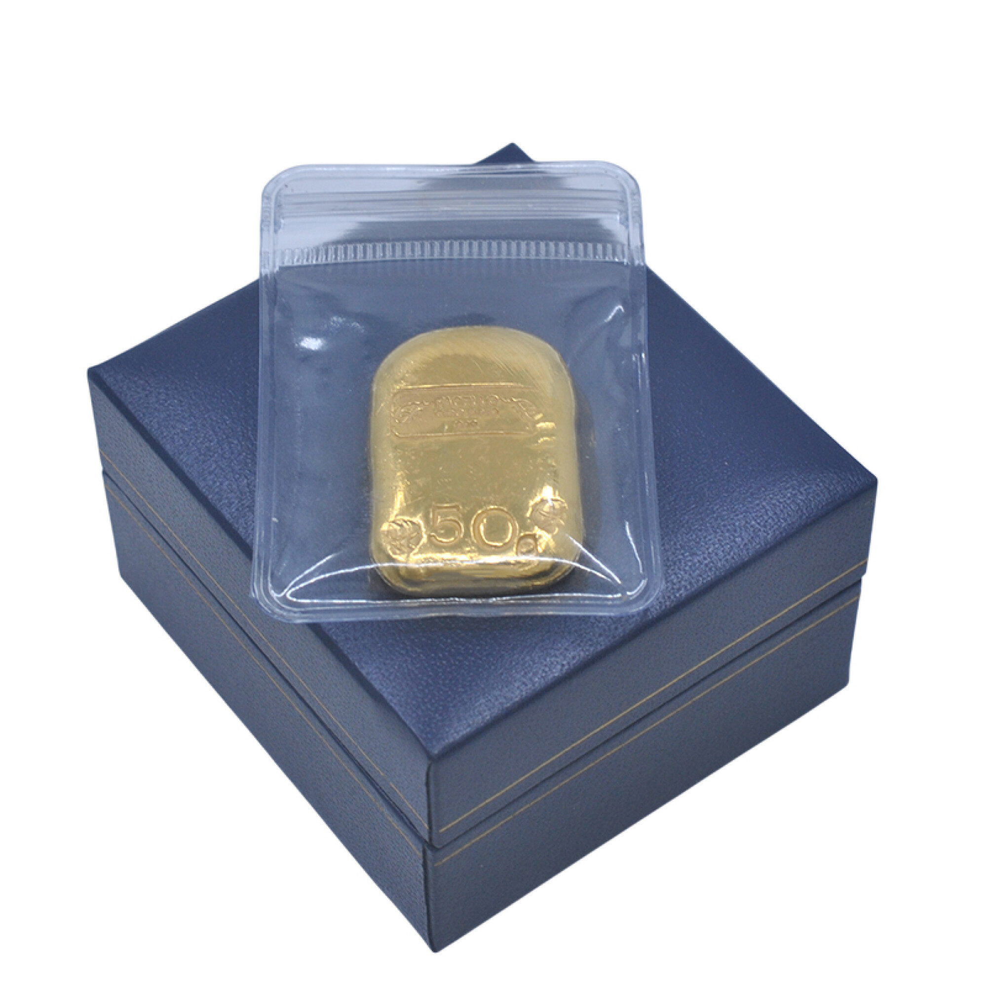 Lingote 50 gr de oro fino 999. Sellado Joyería Facello — Facello Joyeros
