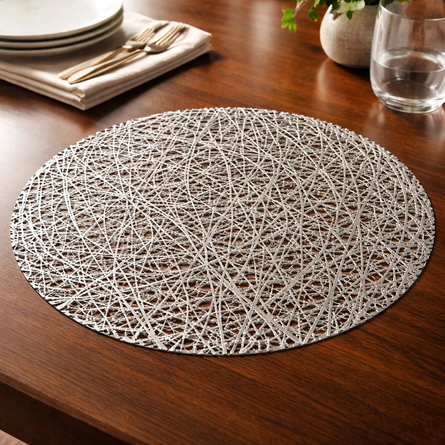 Mantel Individual Abstracto Redondo en PVC Ø38Cm Paramount - Plateado — HTS