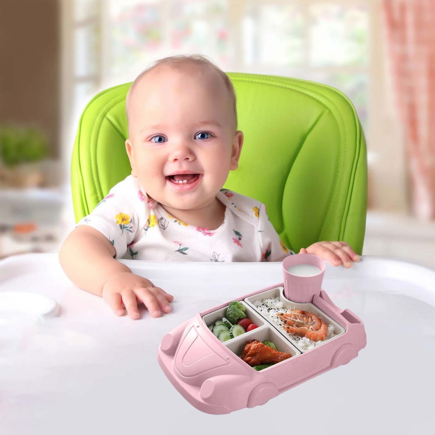 Set Comida Bebé Diseño Auto Platos y Vaso Plástico + Cuchara - Rosa — HTS