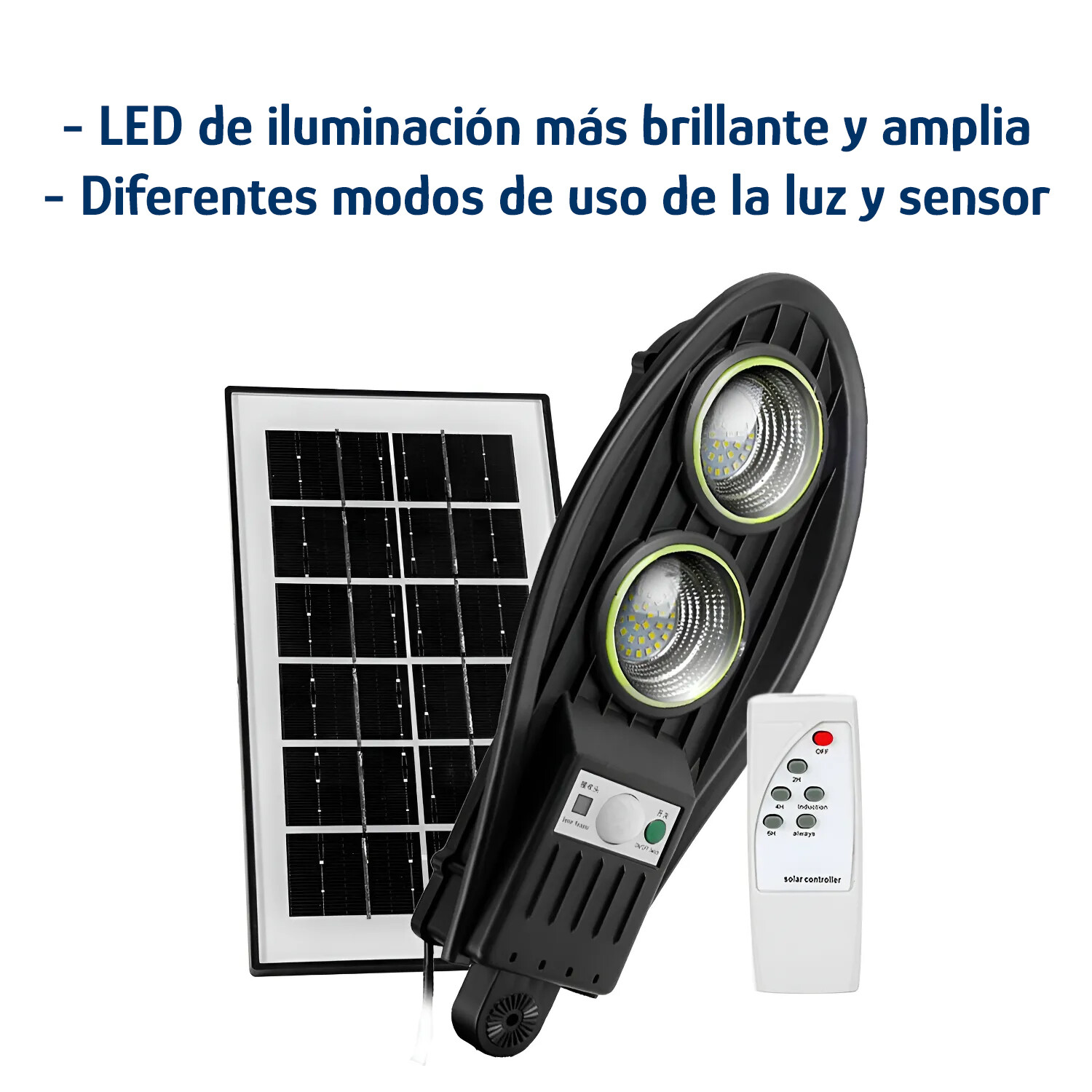 Foco Solar LED Exterior 2 Luces p/Pared Sensor Mov y Control - Negro — HTS