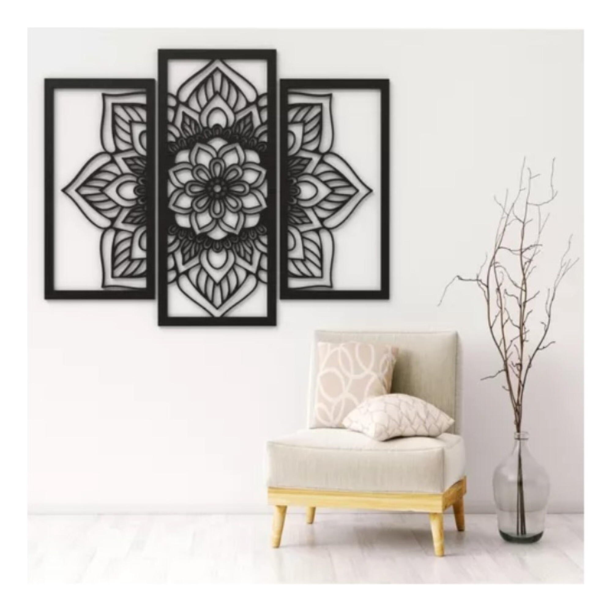Cuadro Mandala Triptico Artesanal Negro Mdf Calado Decoraci — Mundo Shop