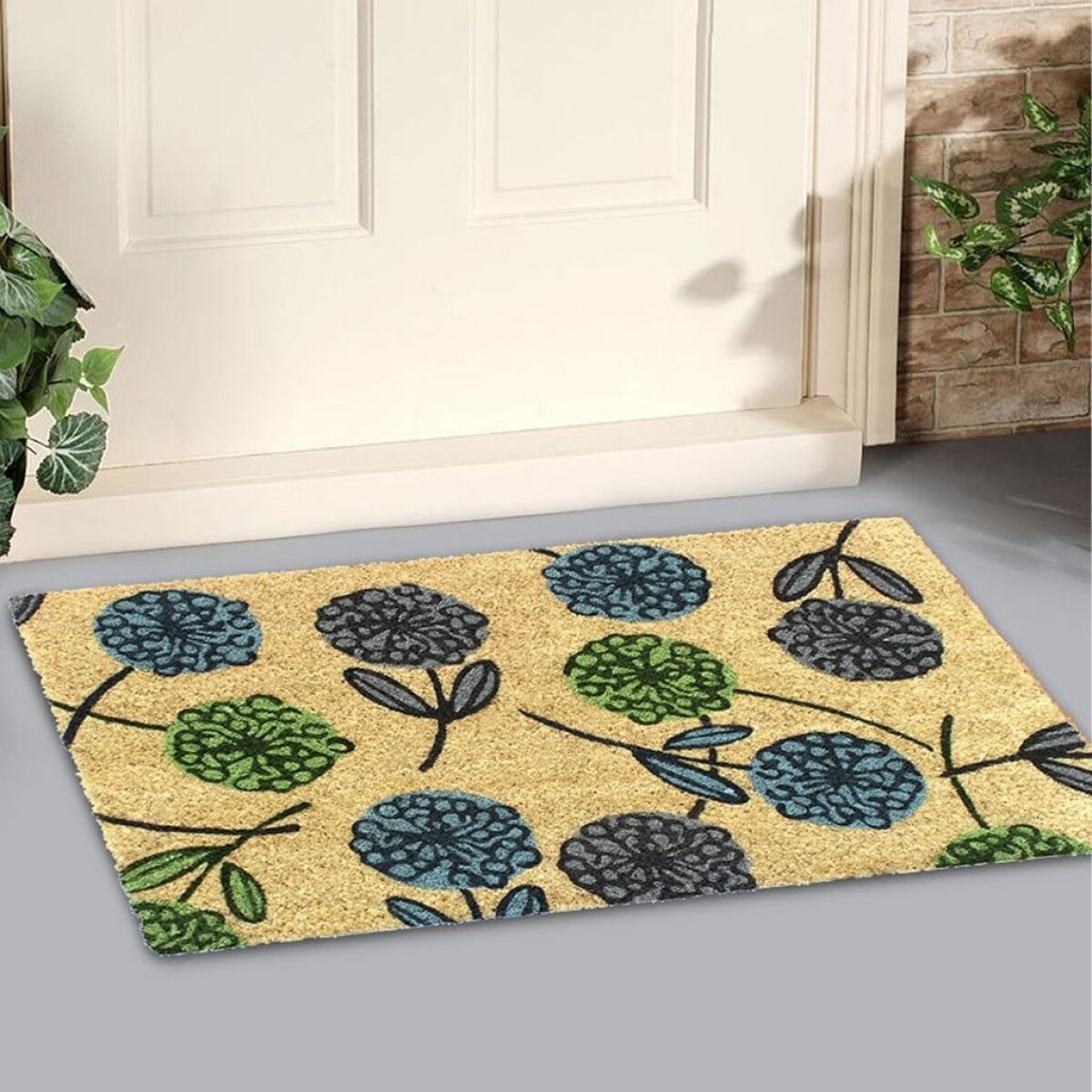 FELPUDO COCO 40x60CM H1.5CM FLORES CELESTE/VERDE — Deco Hogar