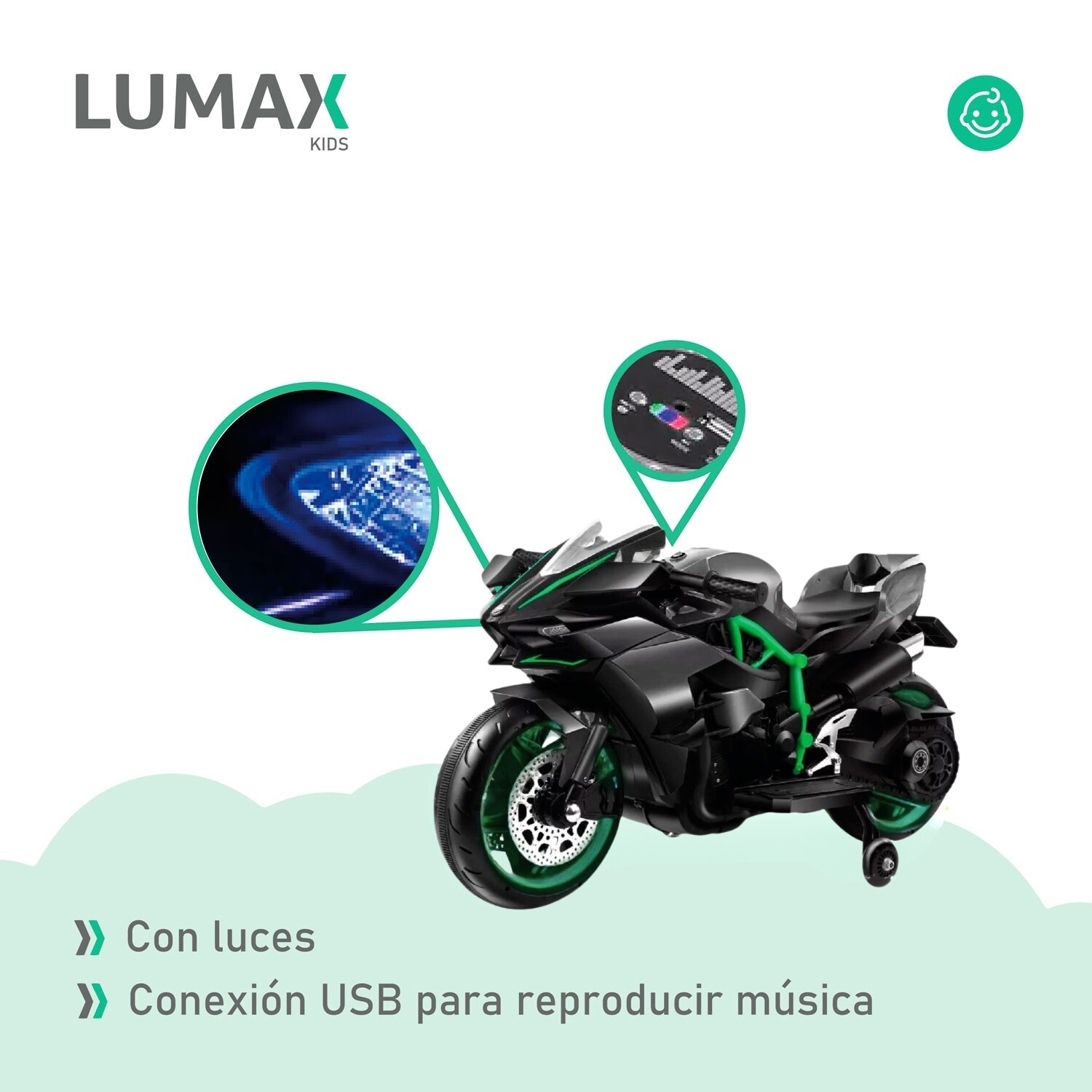Moto a Batería Barry con ruedas luces música y usb - Negro — Electroventas