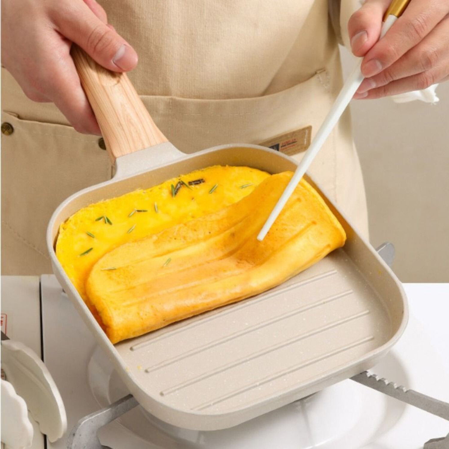 Sartén Plancha Bífera Multifunción Antiadherente c/Canaletas - Beige — HTS