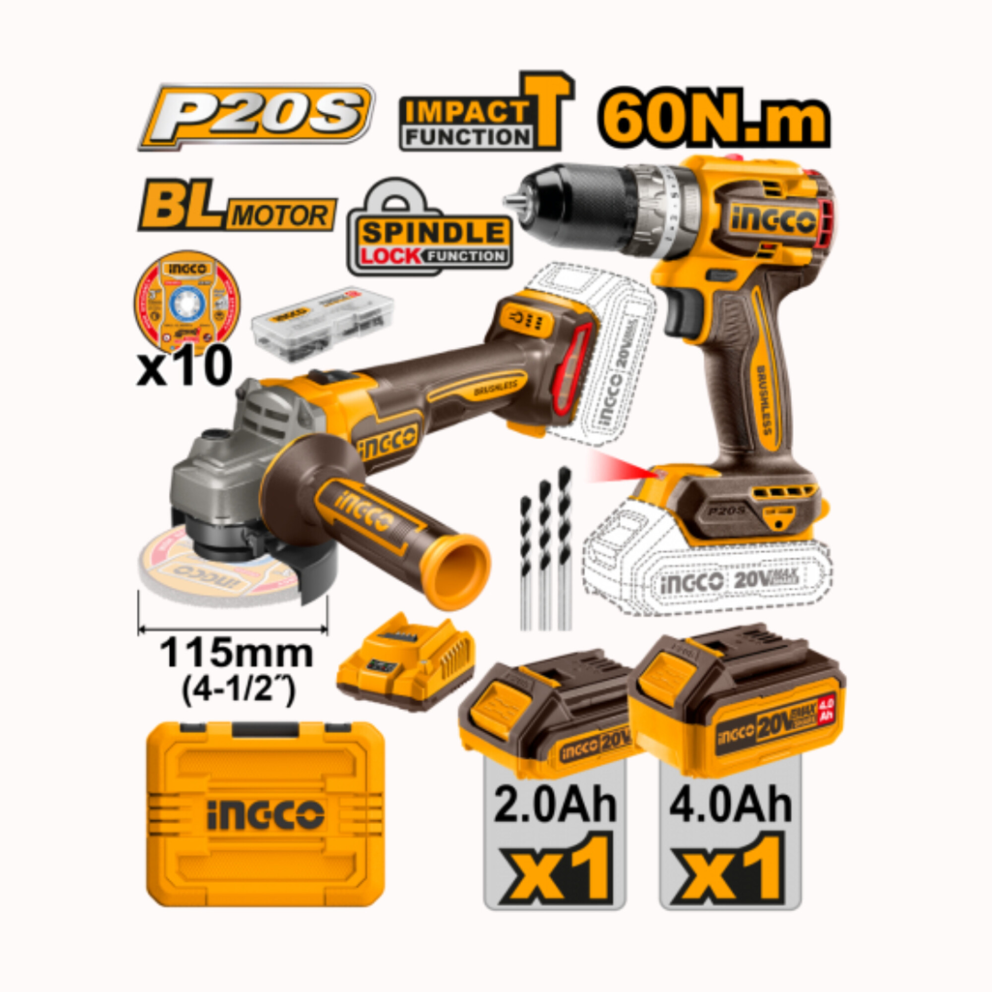 Combo INGCO Atornillador C/Percutor (CIDLI20602) + Amoladora ...