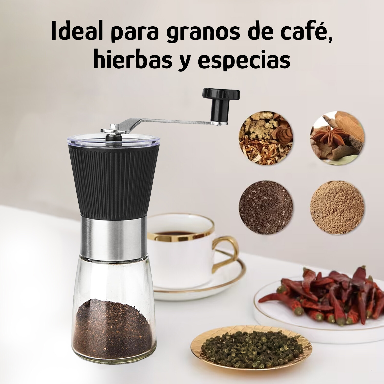 Molinillo Manual Cocina Vidrio Acero Inox Regulador Molienda - Negro — HTS