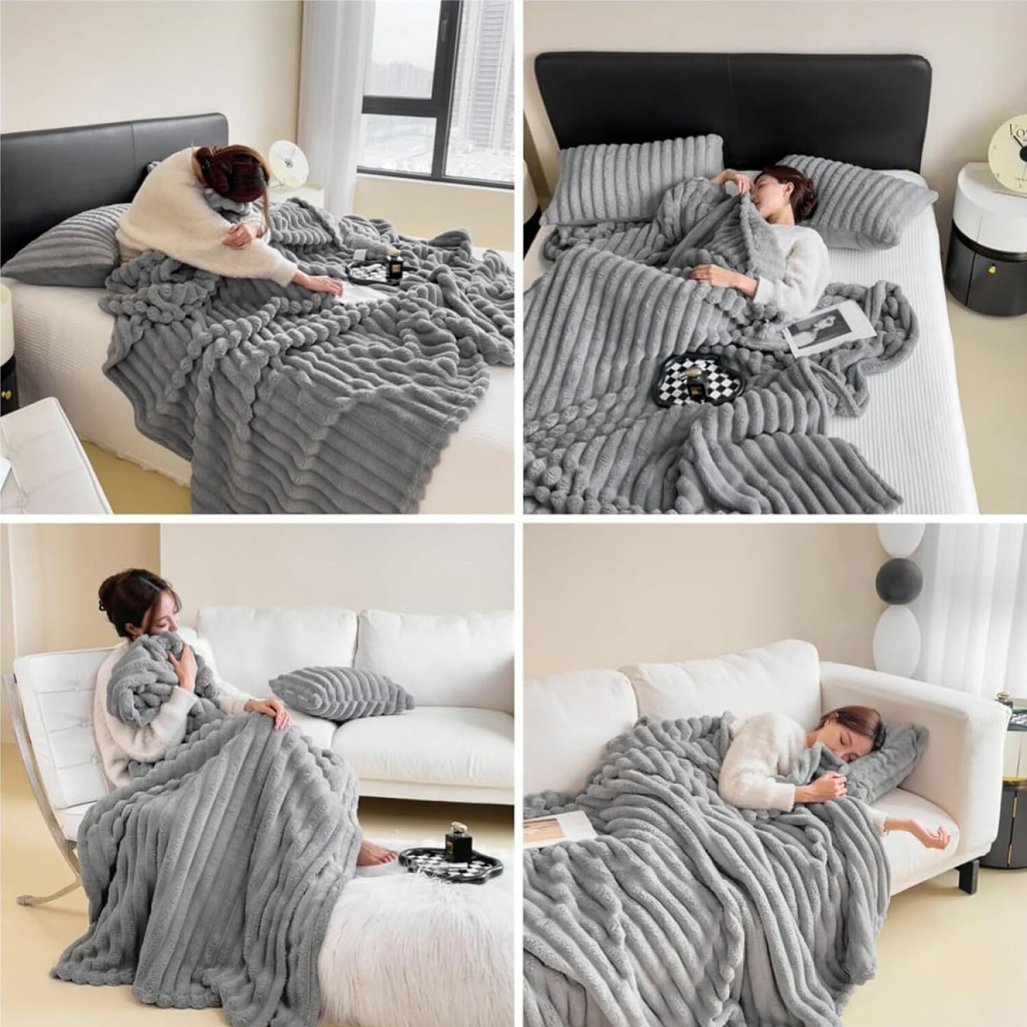 Manta Frazada Polar Plaza y Media Acanalada Suave Cama Sofá - Gris ...