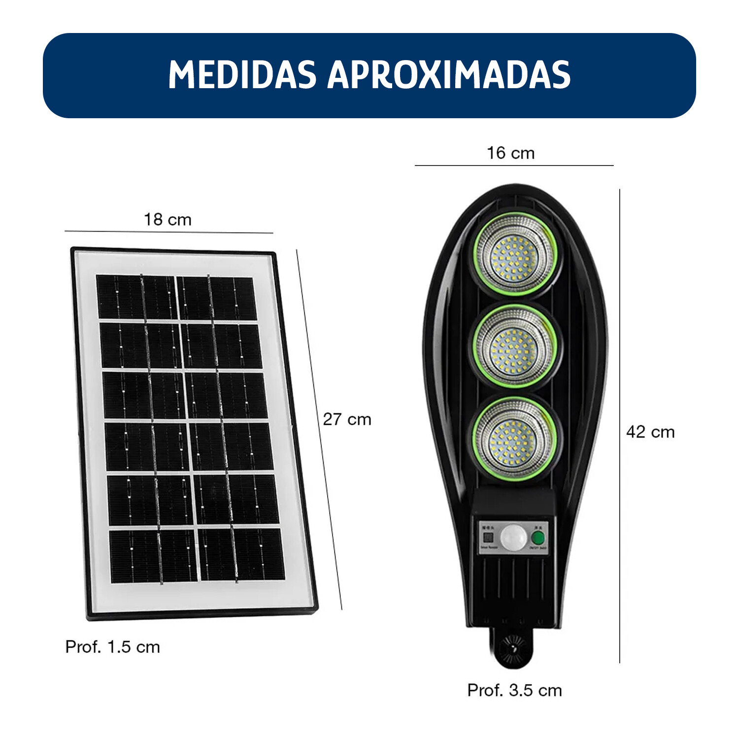 Foco Solar LED Exterior 3 Luces Pared Sensor Mov y Control - Negro — HTS