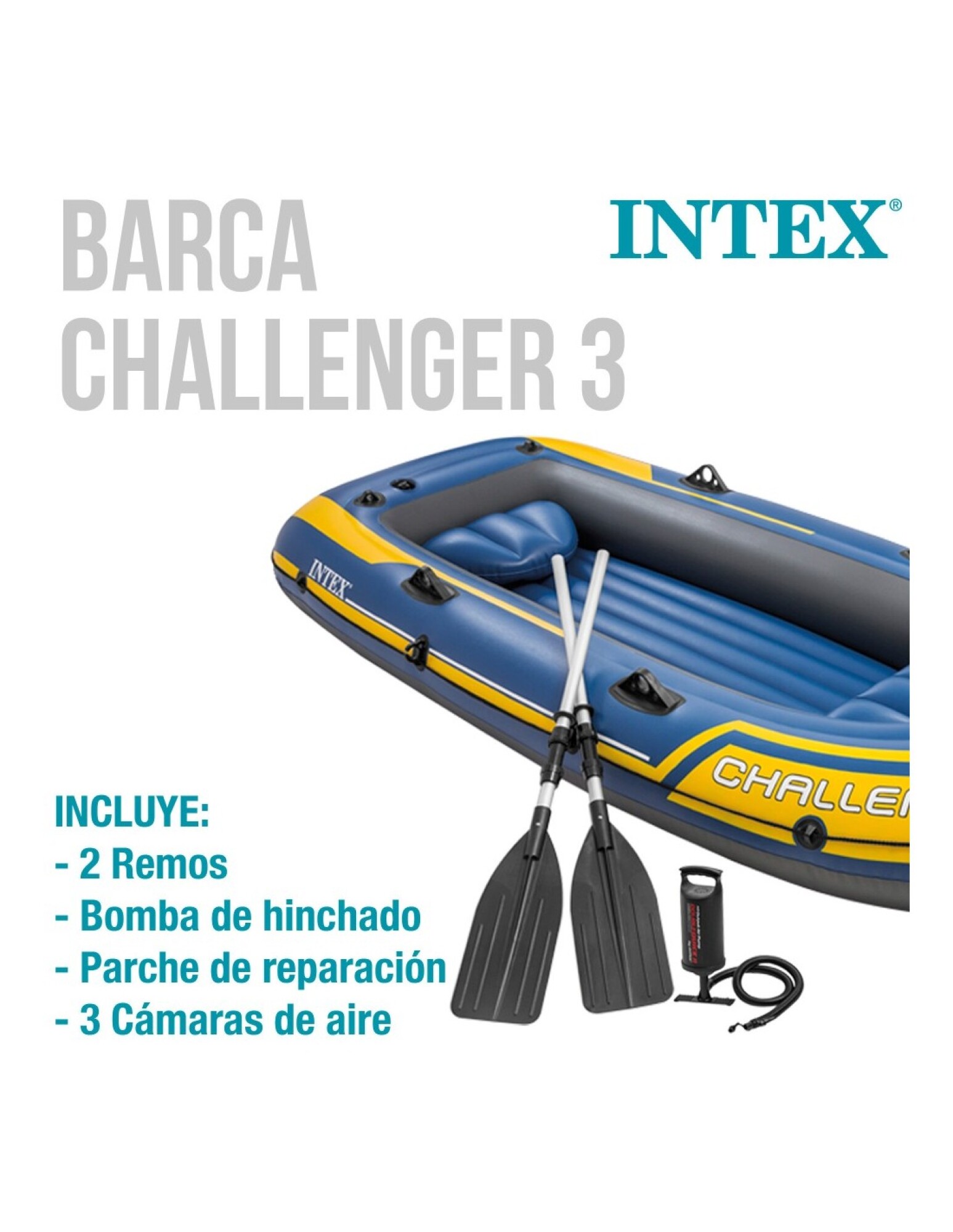 INTEX BOTE GOMÓN INFLABLE CHALLENGER 3 PERSONAS SERIE SPORT SET +REMOS ...