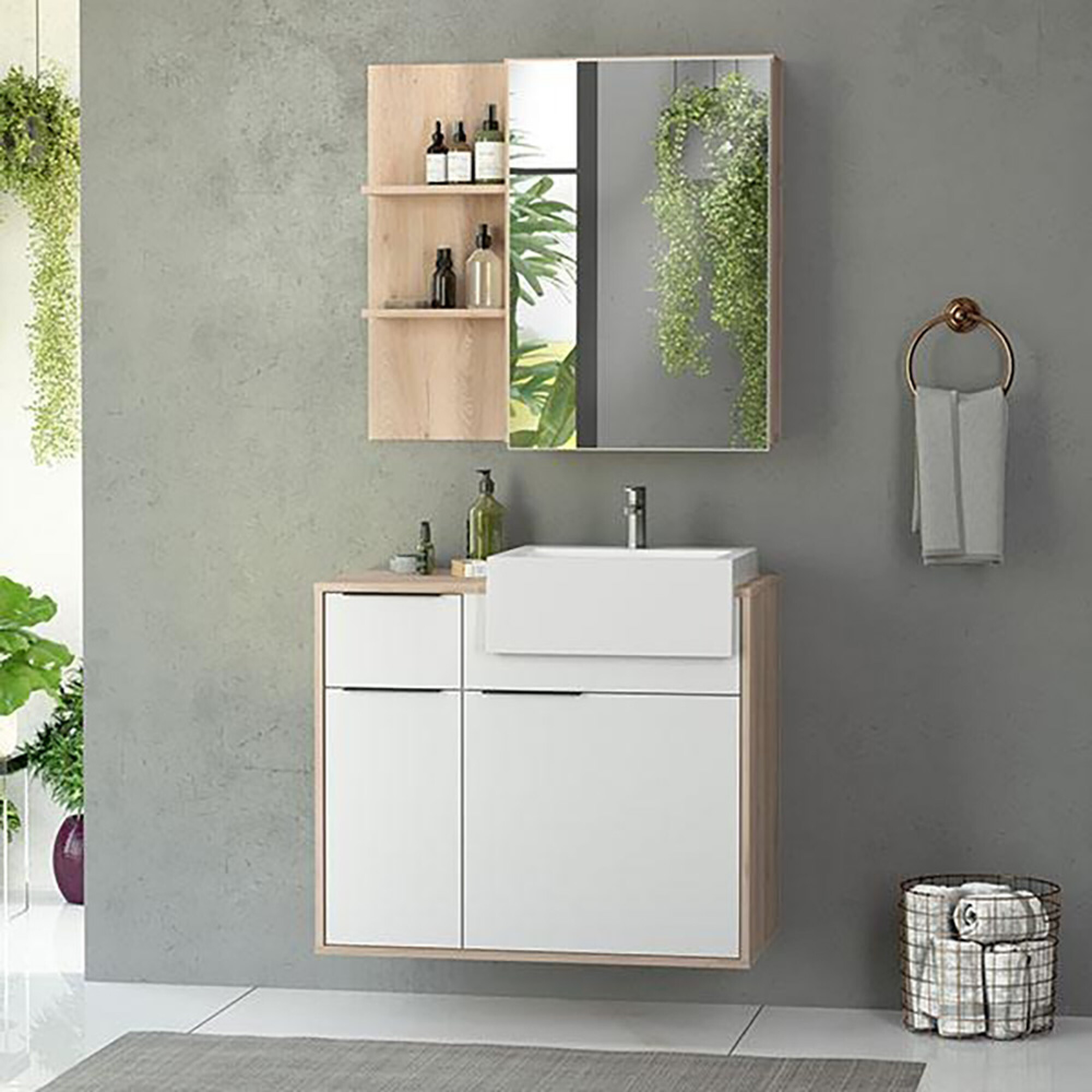 Conjunto De Baño Jazz / 80cm Con Armario Color Faia/blanco — Castro