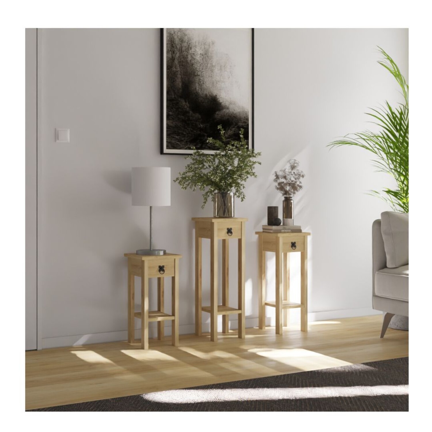 Conjunto Set De Mesas Pedestal Madera Maciza Linea Mexicana - Natural ...