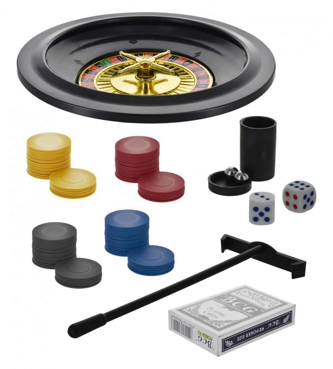 JUEGO RULETA 5 EN 1 CON CARTAS DE POKER EN LATA 32.5X28.5CM 11883 — El Clon