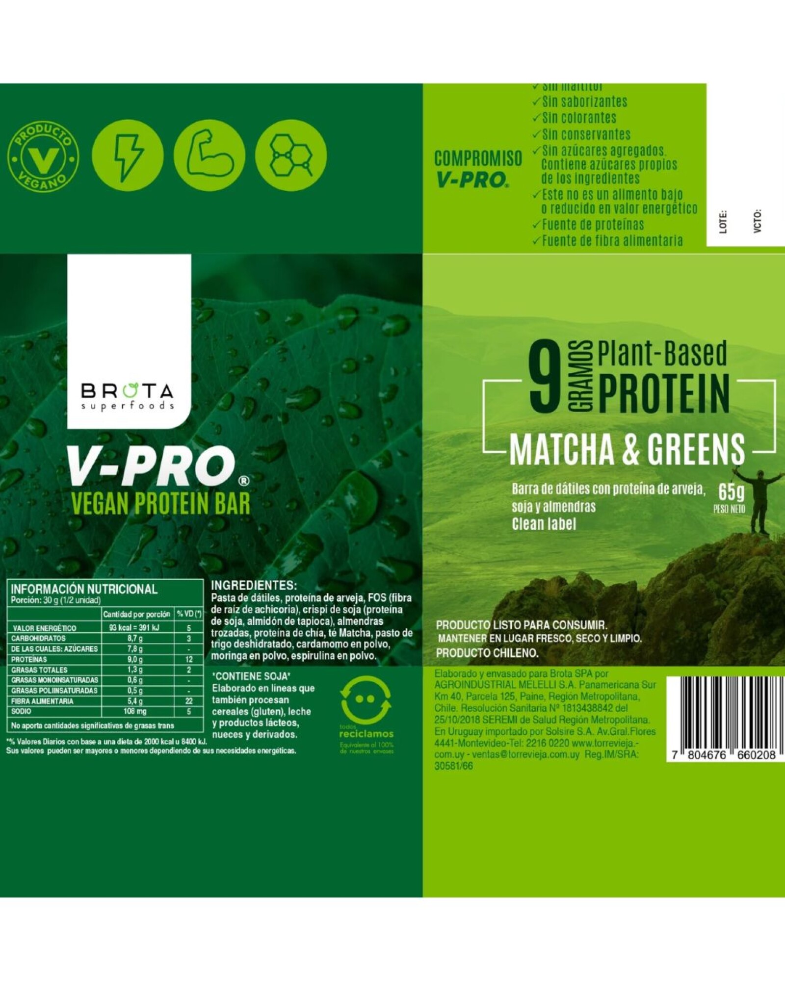 Protein Bar Vegan 65g Caja x12 Brota- Matcha & Greens — Wikimúsculos