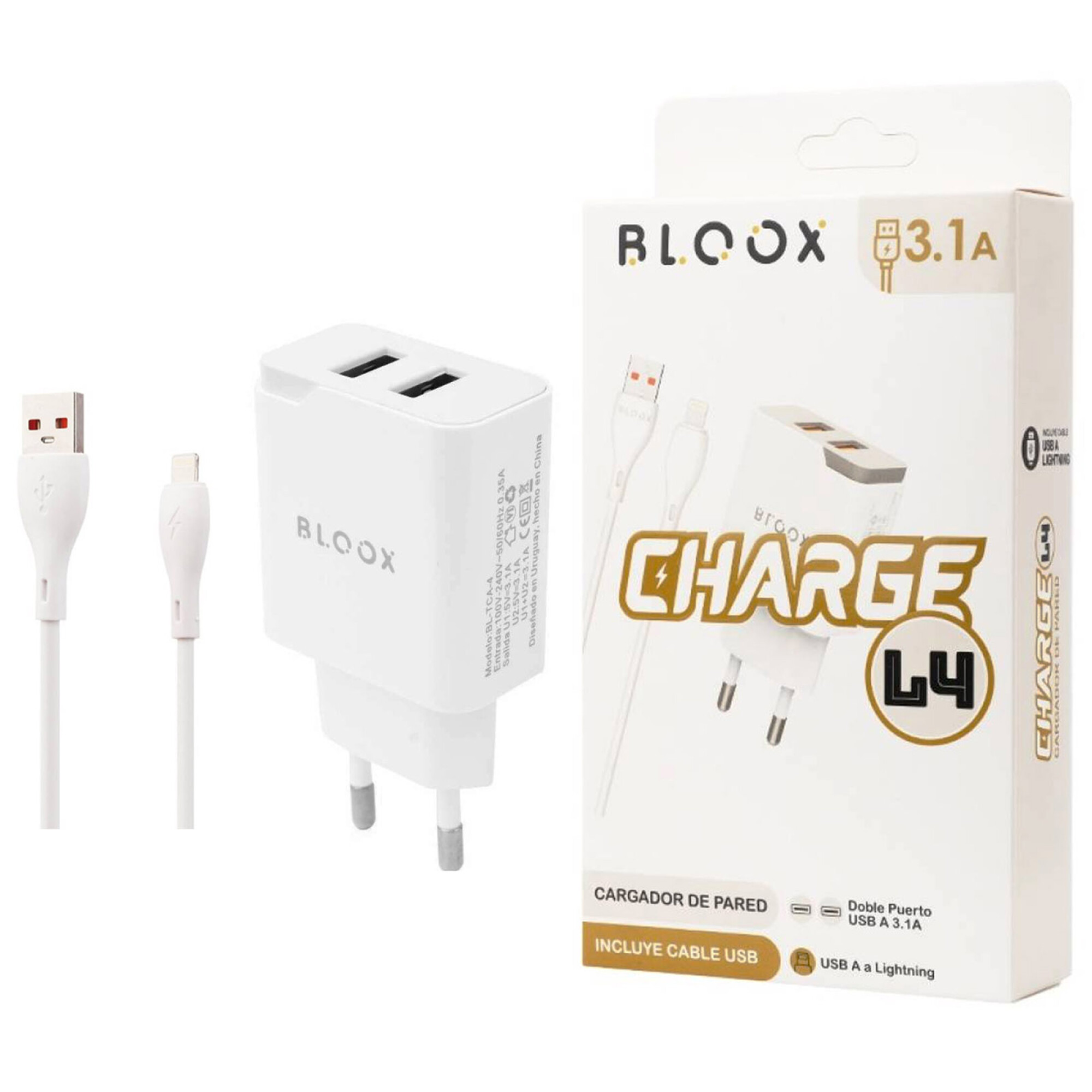 Cargador Celular Tablet de Pared con Doble USB 3.1A y Cable Incluido Bloox — Electroventas