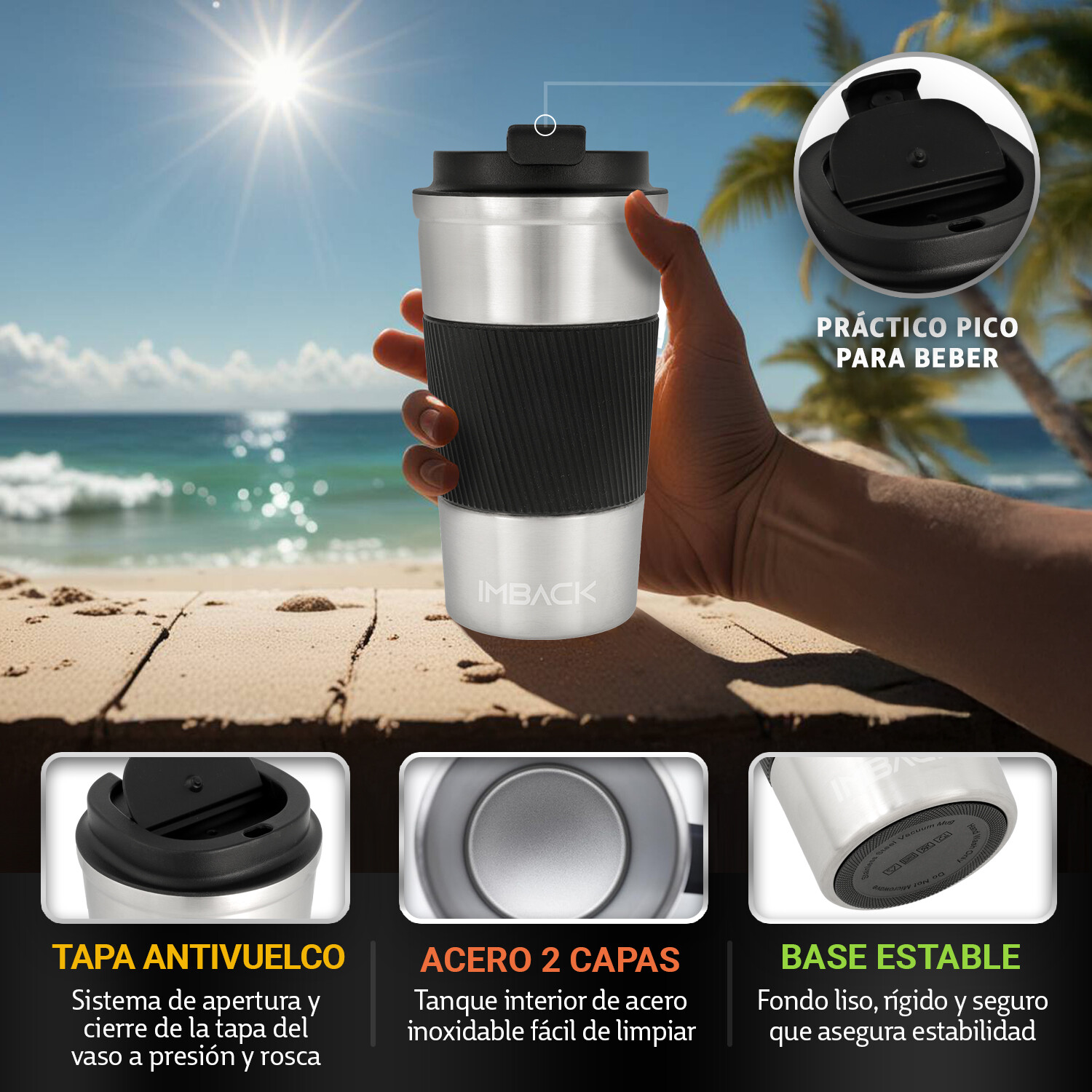 Vaso Termico Cafe Doble Capa 510ml Con Tapa Acero Inoxidable — Clemur