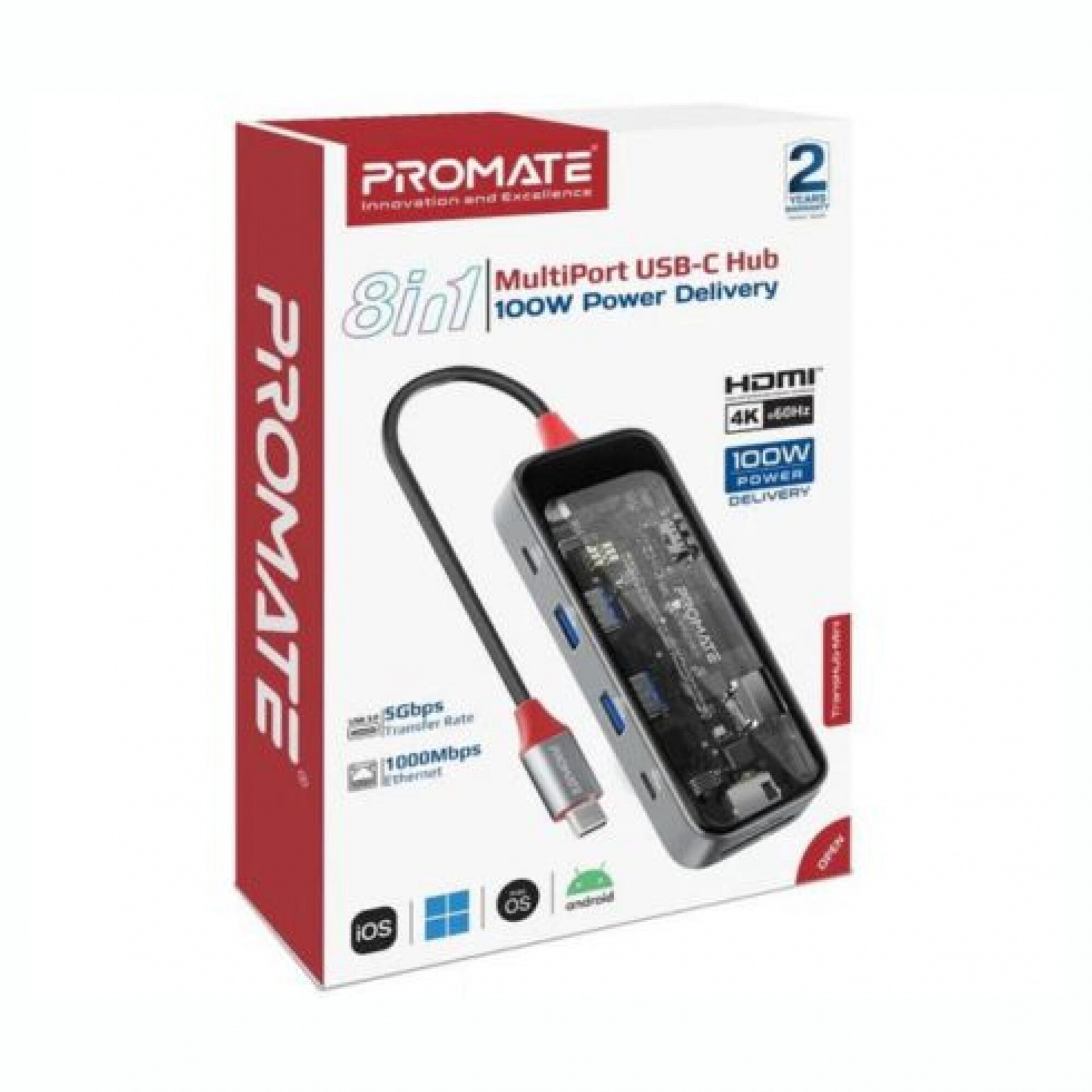 Transhub-mini PROMATE Hub 8 En 1 USB-C A USB-C/A/HDMI/SD/RJ45 100W — AMV Store