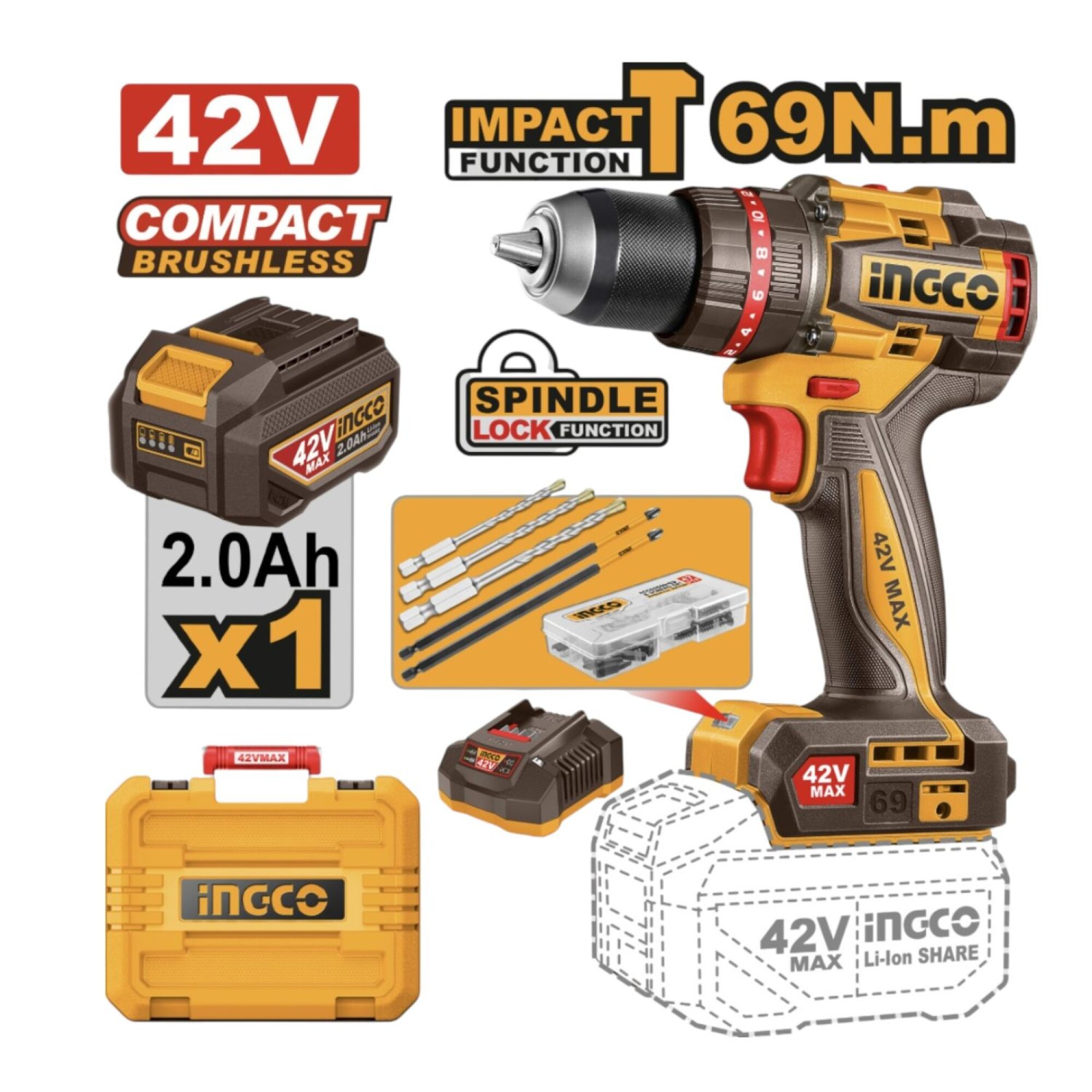 Kit Ingco de Taladro 42 V c/ Batería - Uso industrial — Electroventas