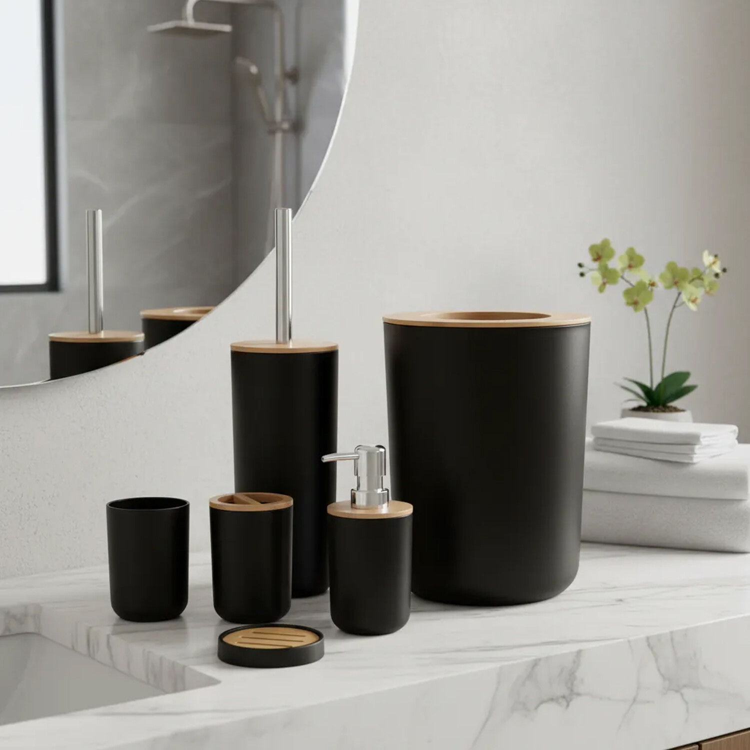 Set De Baño Completo Moderno 6 Piezas Bambú y Plástico - Negro — HTS